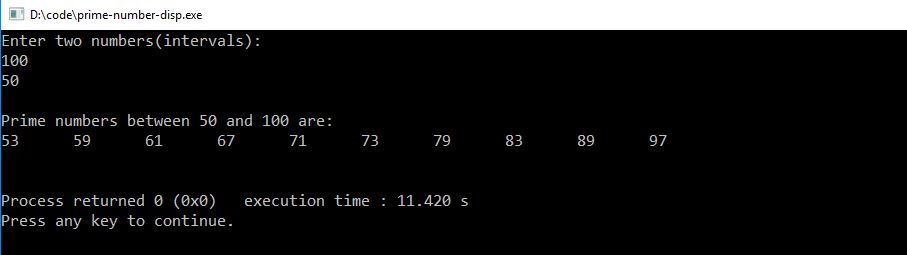 C Program To Display Prime Numbers Between Two Intervals